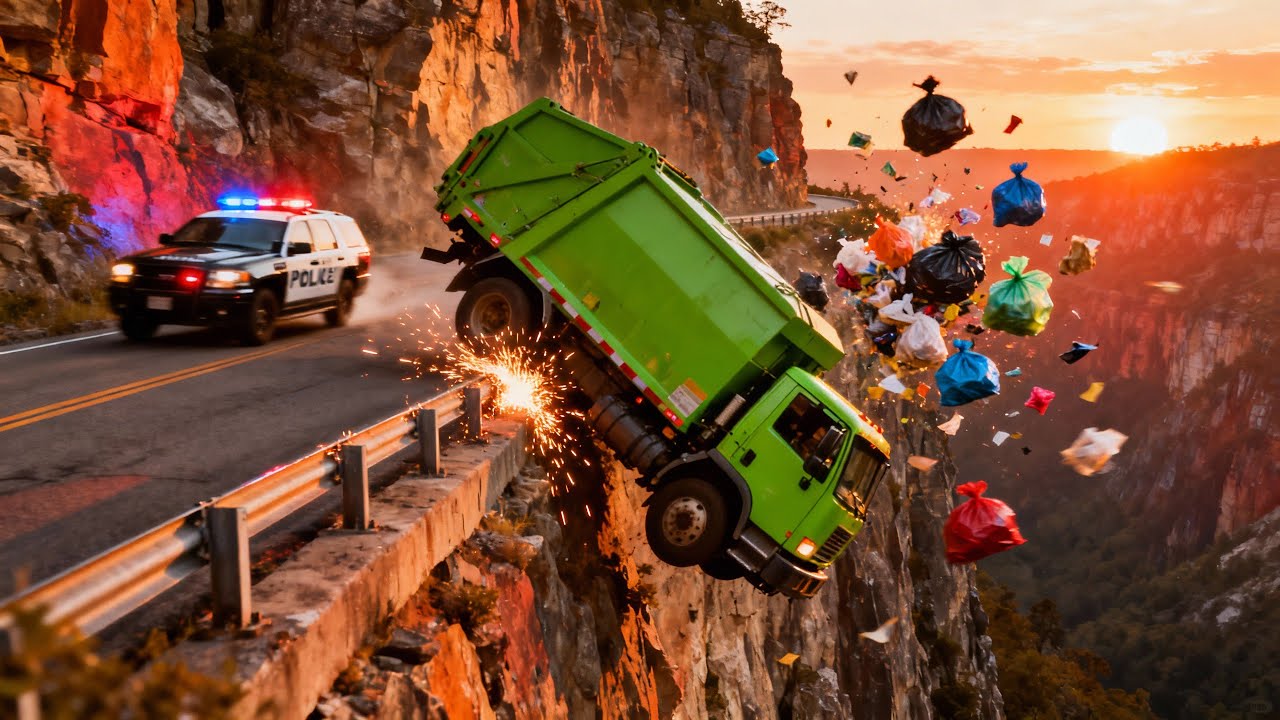 Garbage Truck Tips on Cliff Curve - YouTube
