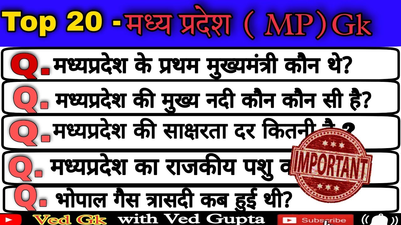 Top 20 Important Mp Gk Questions and Answers | Mp Gk in Hindi 2021 ...