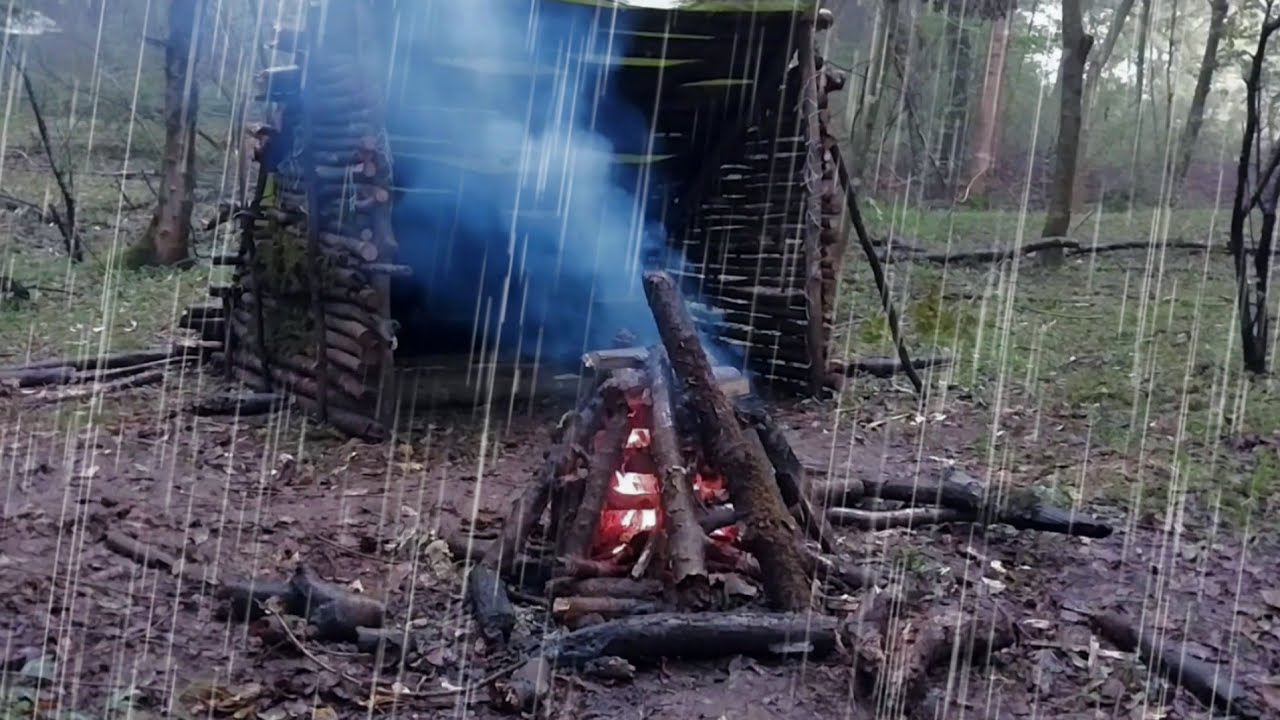 Building a wooden shelter in heavy rain [Wooden hut] - YouTube