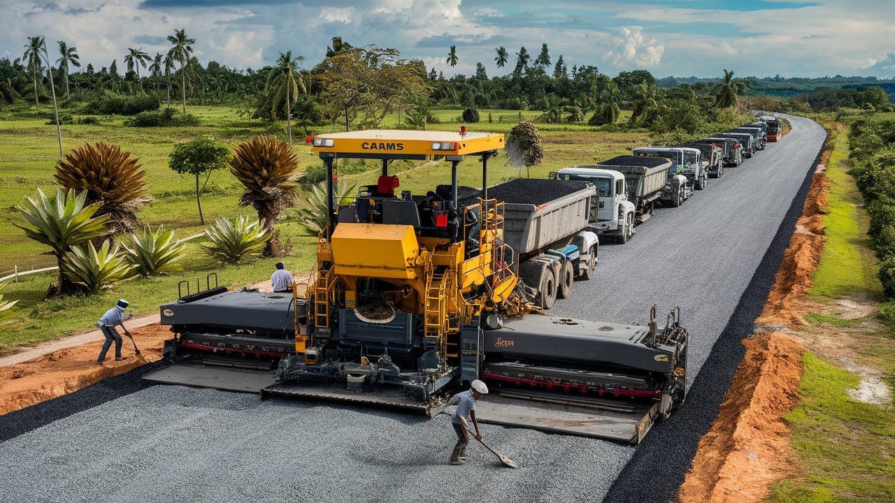 A wonderful massive paving machine operation laying down a layer of ...