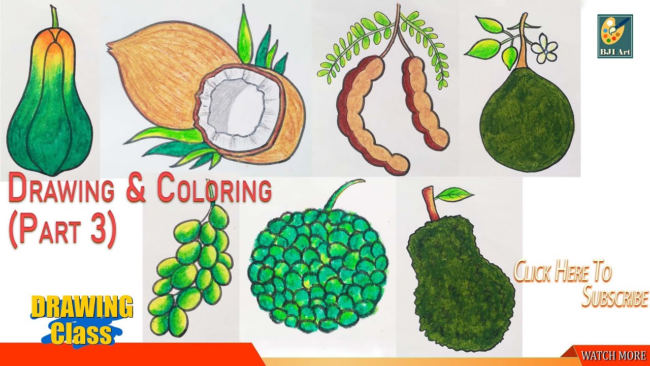 How to draw Fruits Papaw, Cocoanut, Grape, Tamarind, Custard Apple ...