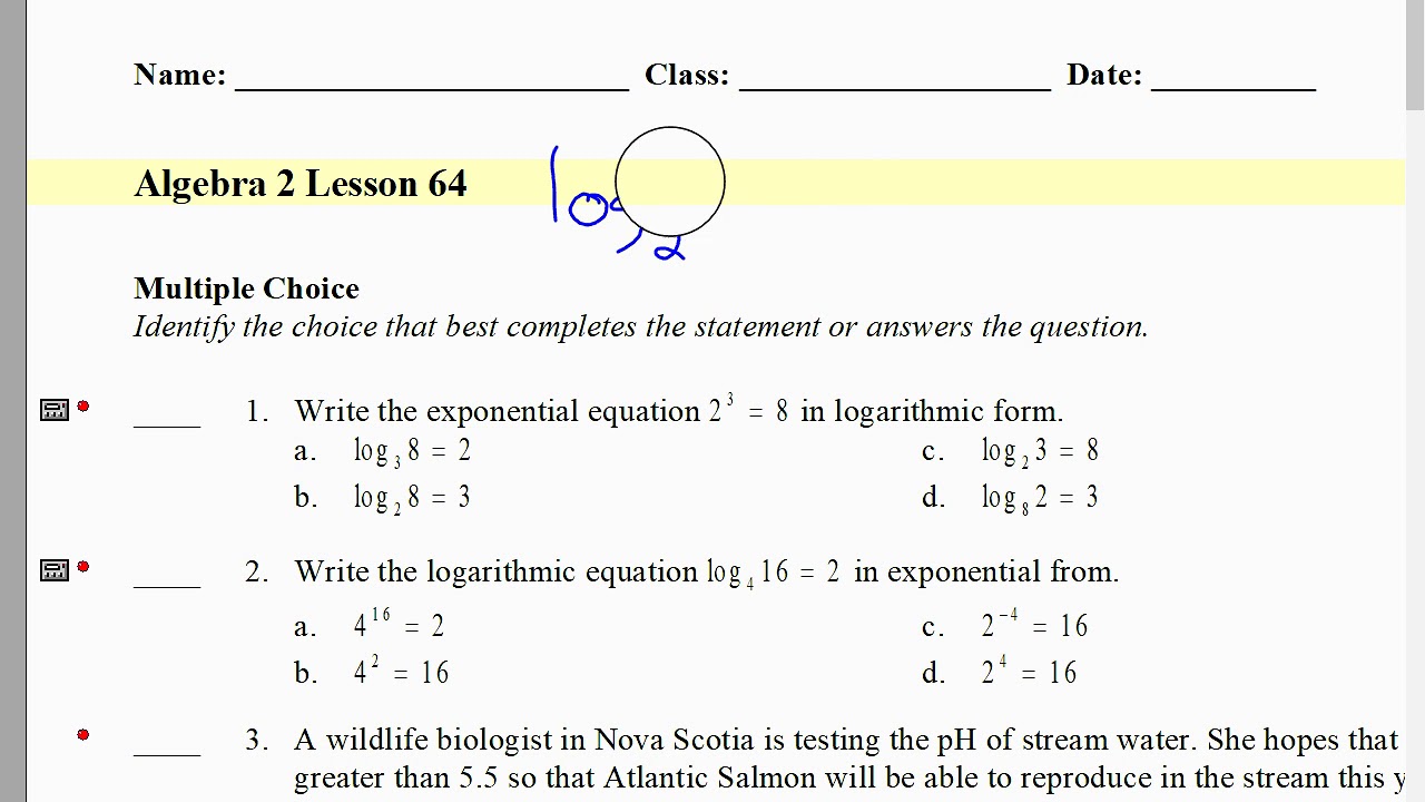 Algebra 2 Lesson 64 using logarithms 19 20 - YouTube