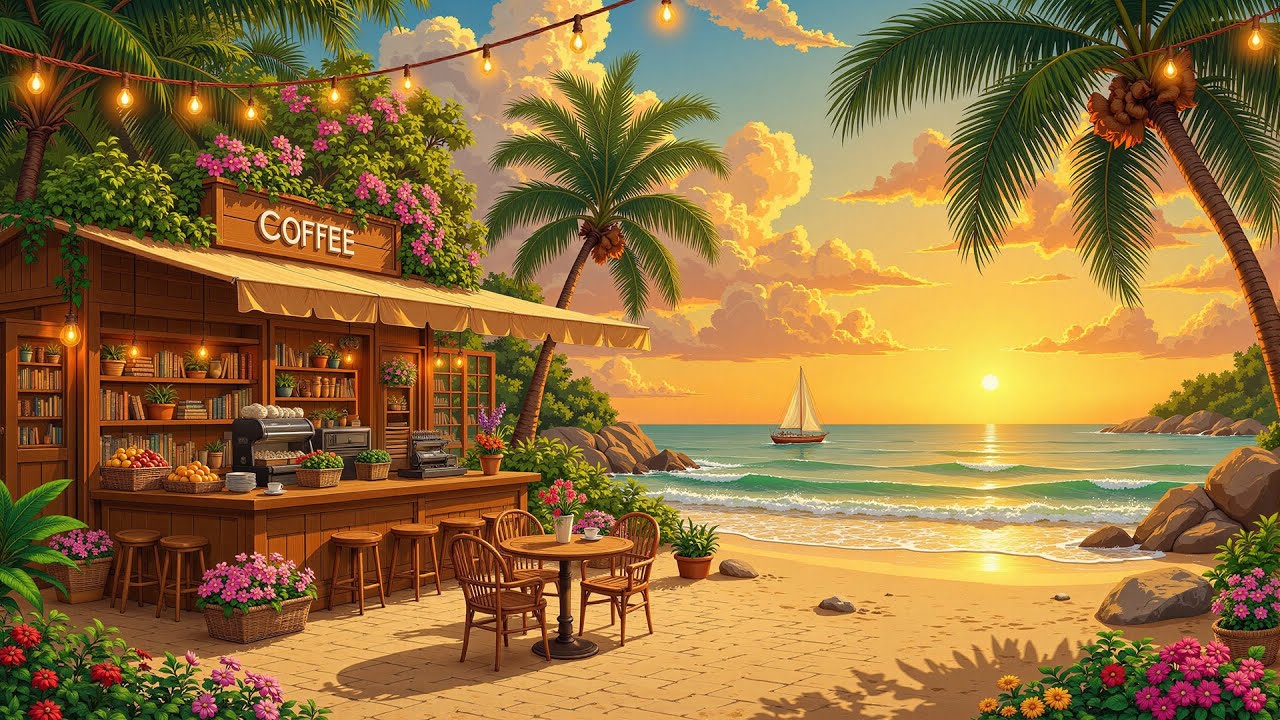 4K Sunset Coffee Shop by the Bay ☕ Relaxing Bossa Nova Music for ...