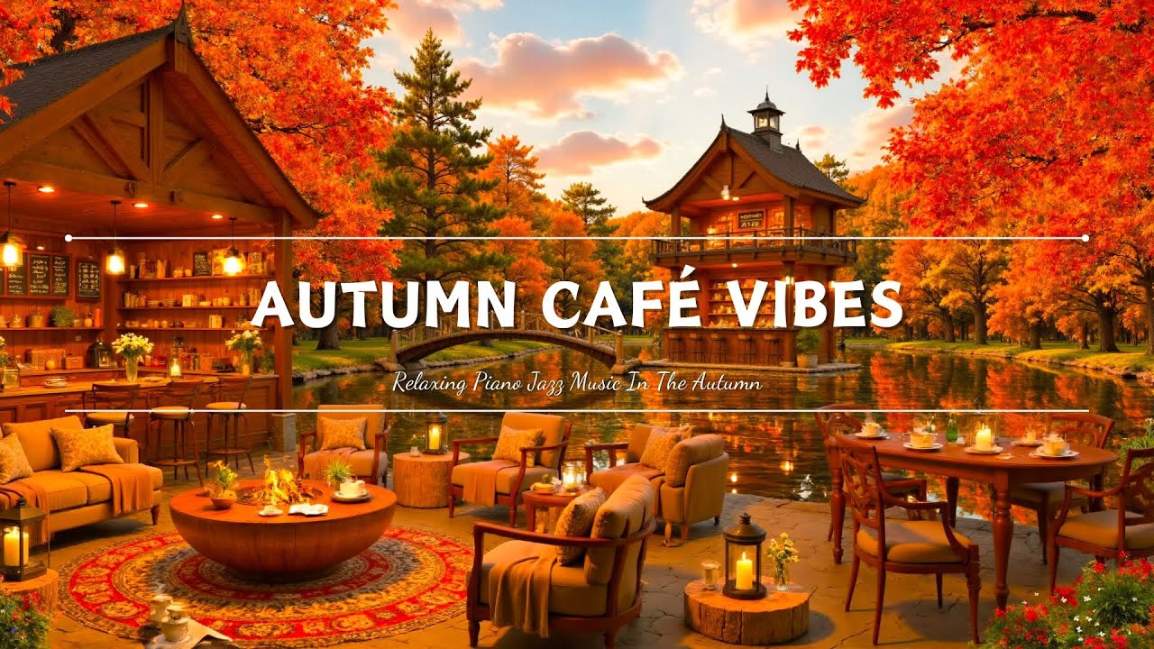 Autumn Café Vibes 🍁 Sunset by the Lake with Calming Piano Jazz for ...