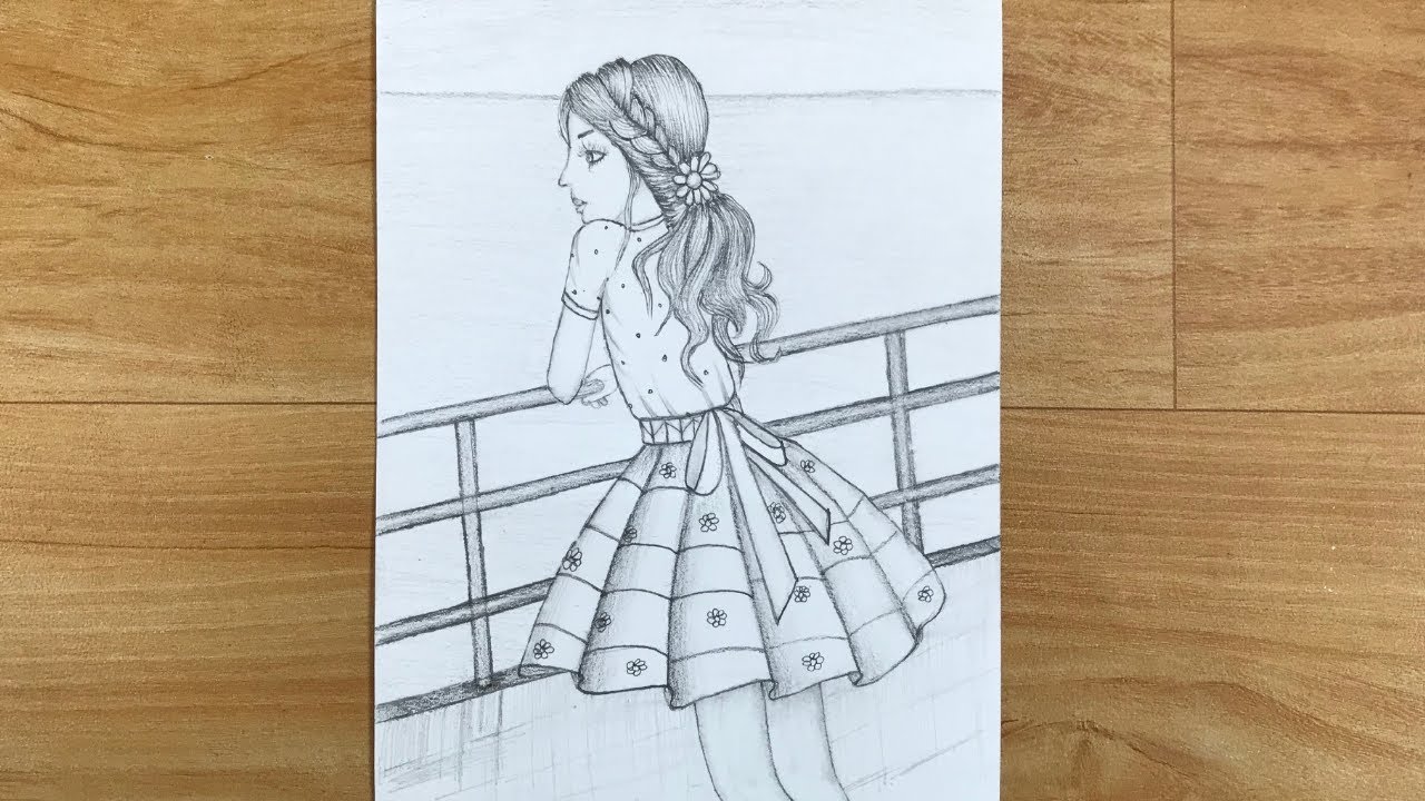 How to Draw a Girl standing on a river bridge || Pencil Sketch Drawing ...