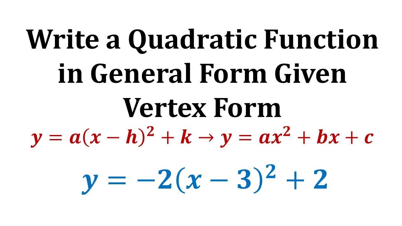 Write the Equation of a Quadratic Function From Vertex (Standard) Form ...