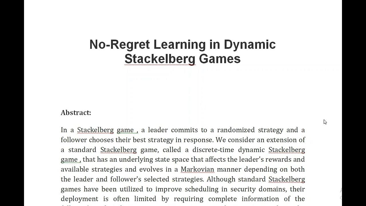 No Regret Learning in Dynamic Stackelberg Games - YouTube