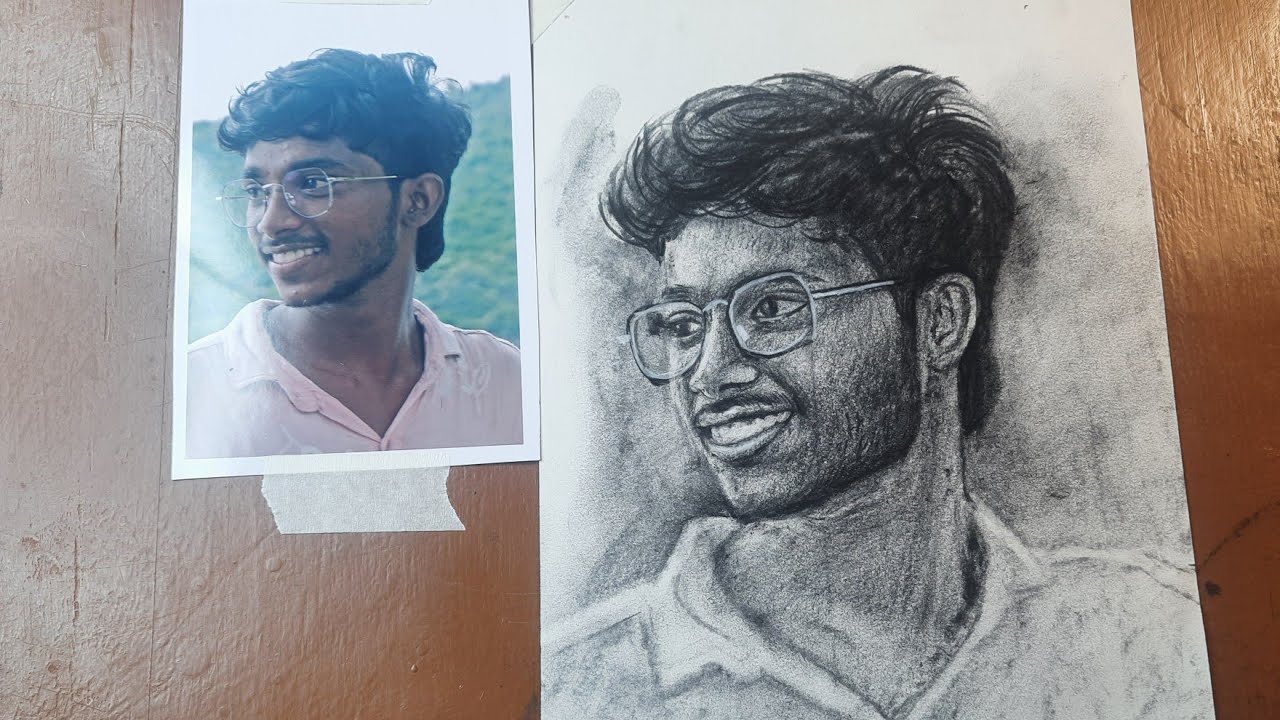 Charcoal Portrait Drawing In telugu | Free Hand Charcoal drawing in ...