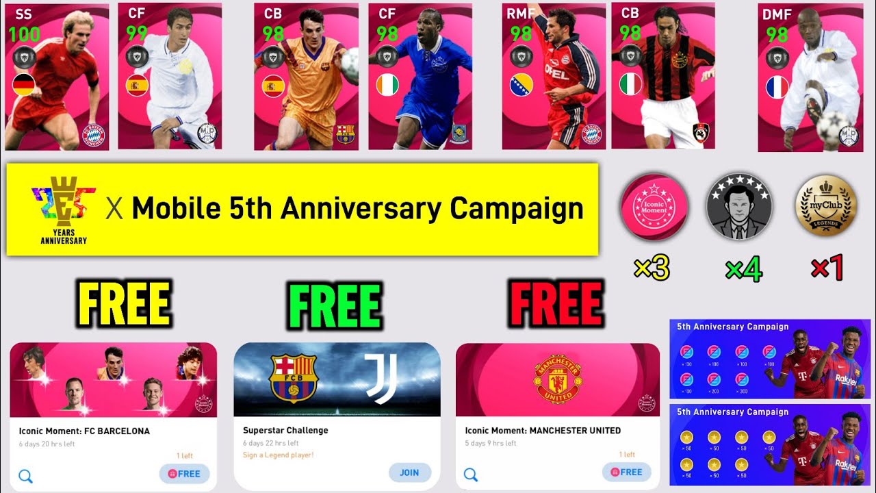 5th Anniversary Campaign Free Rewards In Pes 2021 Mobile || Free Coins ...