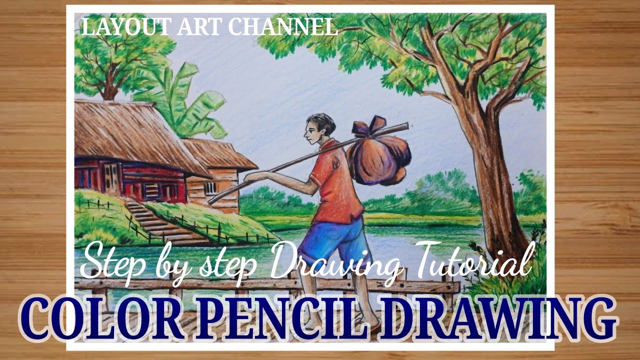 Landscape drawing with pencil colour // Human figure drawing scenery ...