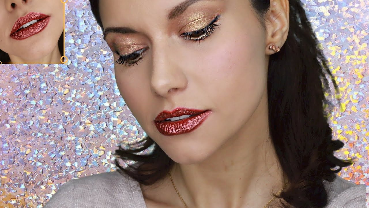 FULL CHRISTMAS MAKEUP TUTORIAL! Glitter red lips and gold eyes💋 - YouTube
