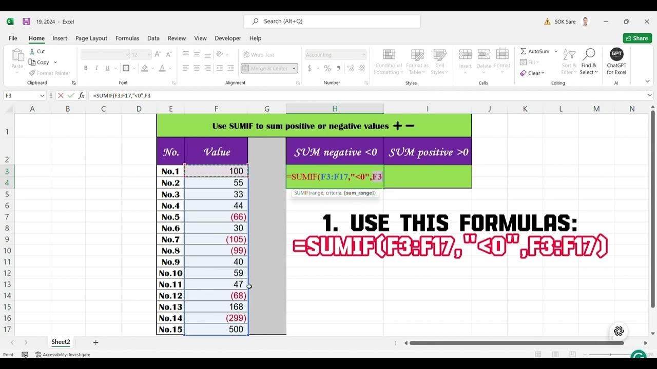 51 Use Sumif To Sum Positive Or Negative Values Excel Exceltips Exceltricks Art