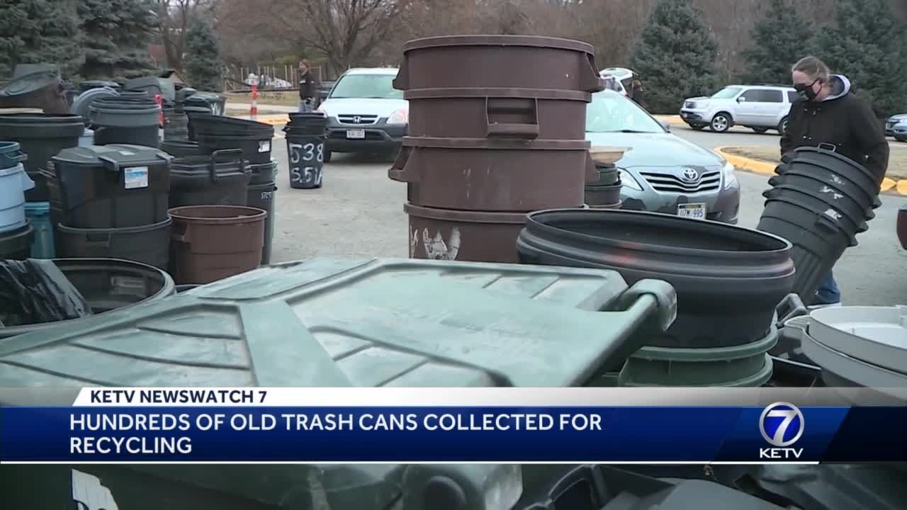 Hundreds of old trash cans collected for recycling - YouTube