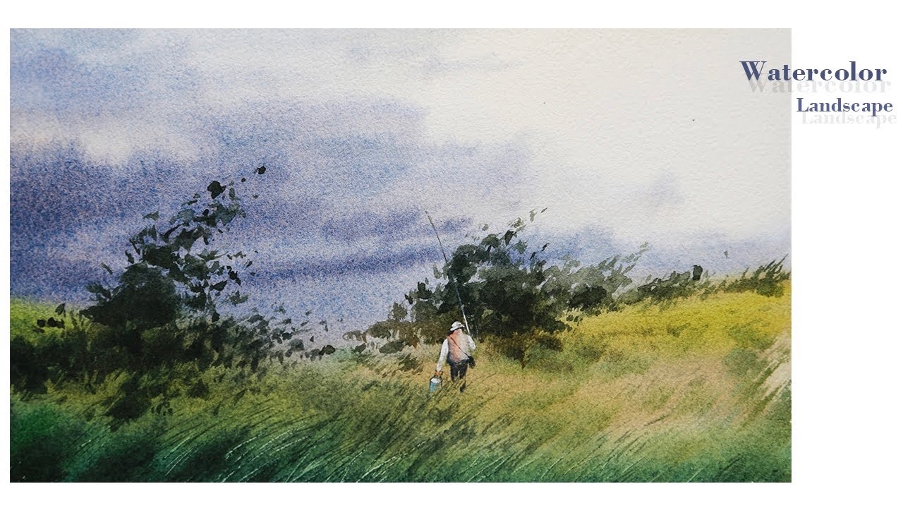 How to paint the wind， Watercolor landscape painting. A fisherman on ...