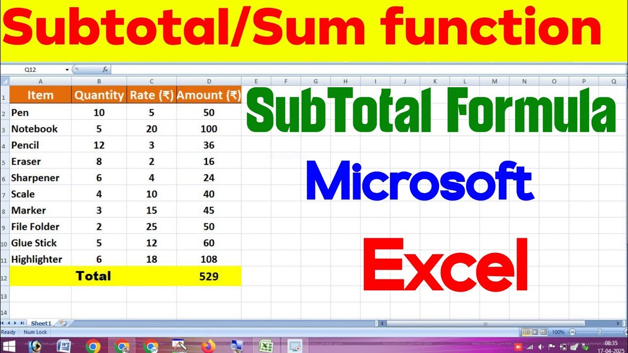 How to use Excel || Subtotal Formula in Microsoft Excel|| sum function ...