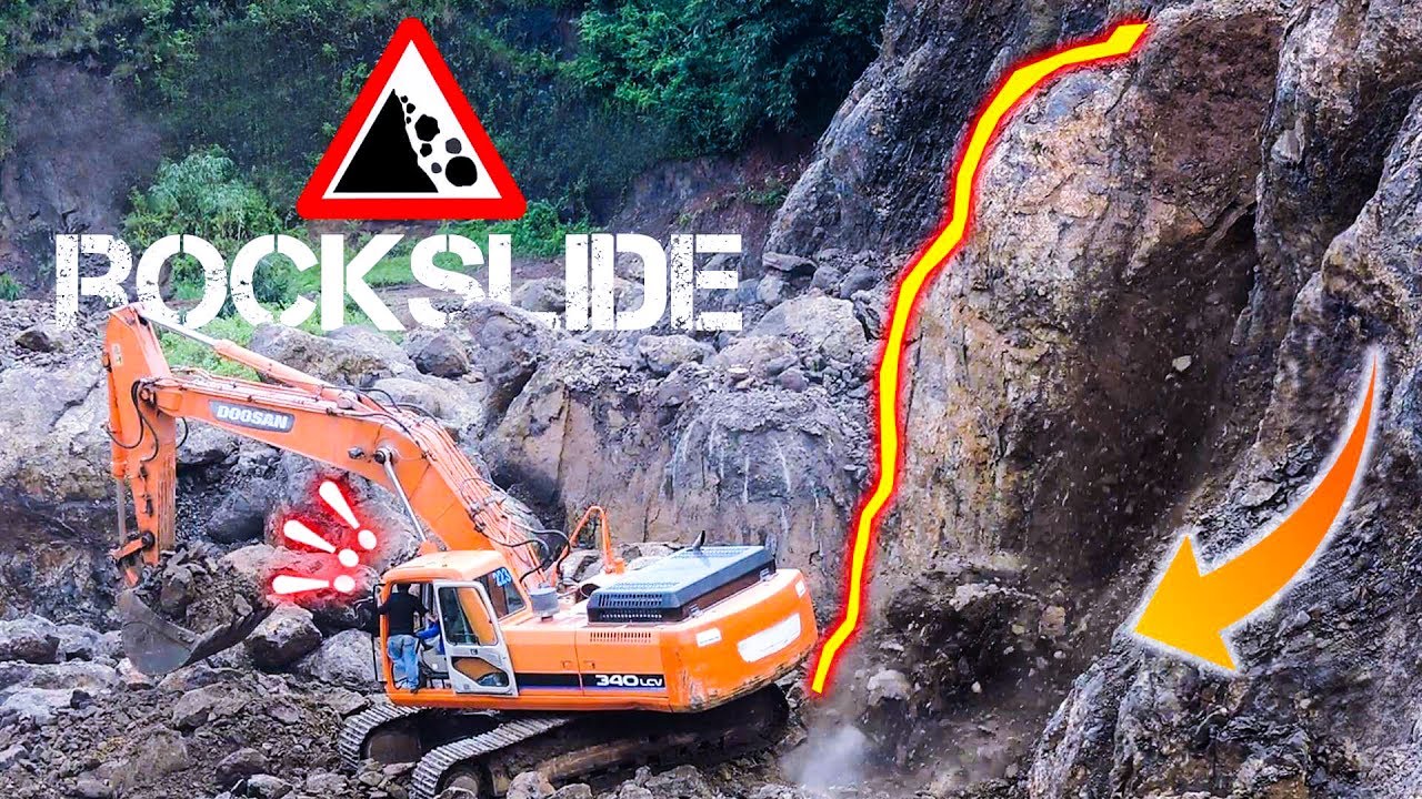 CRAZY Close Call BiG Digger Excavator Cause A Huge Rock Slide - YouTube