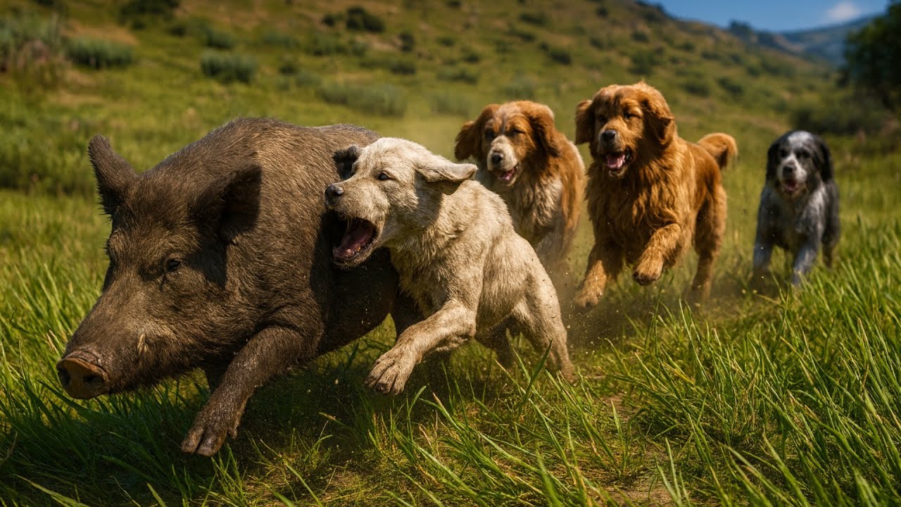 Intense Moment! Wild Boar Chased by a Pack of Wild Dogs - YouTube