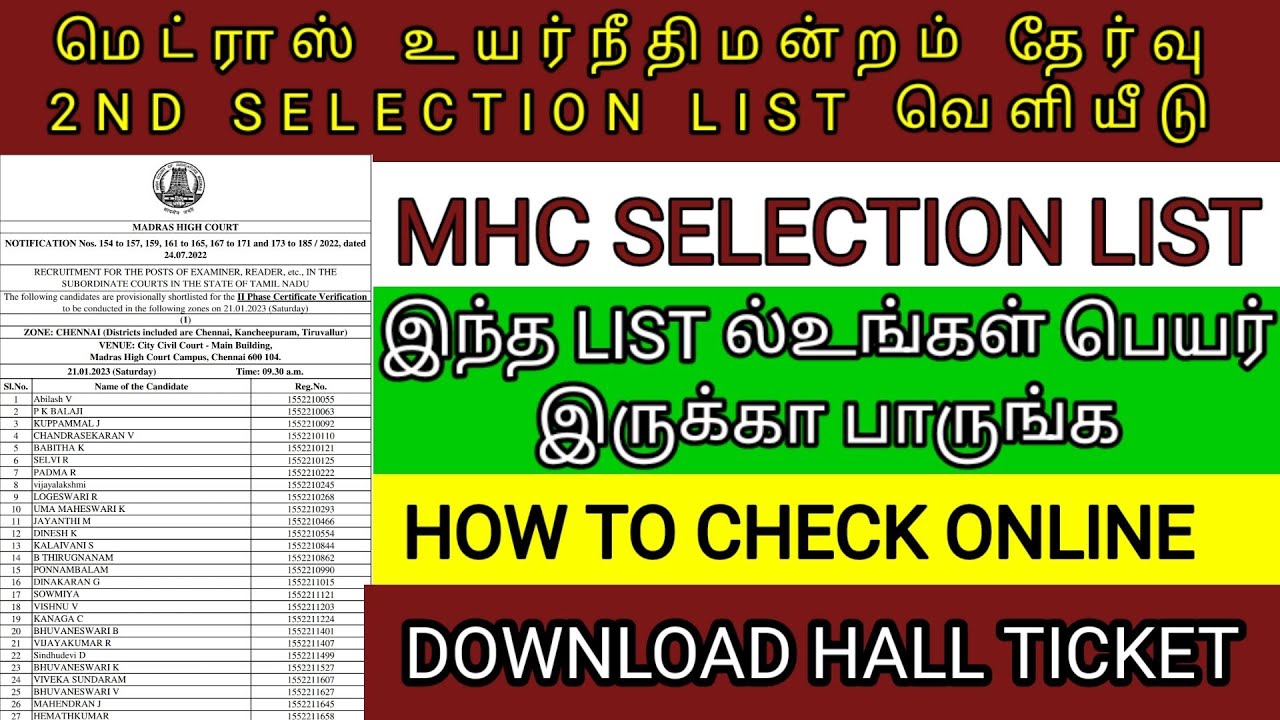 mhc exam selection list 2023 | madras high court exam selection list ...