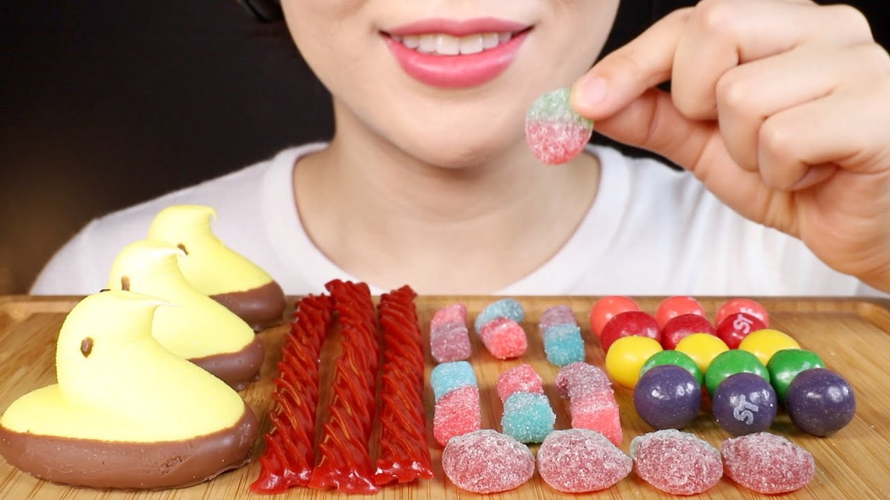 ASMR Sour Gummies, SweeTarts, Twizzlers, Peeps Marshmallows Candy ...