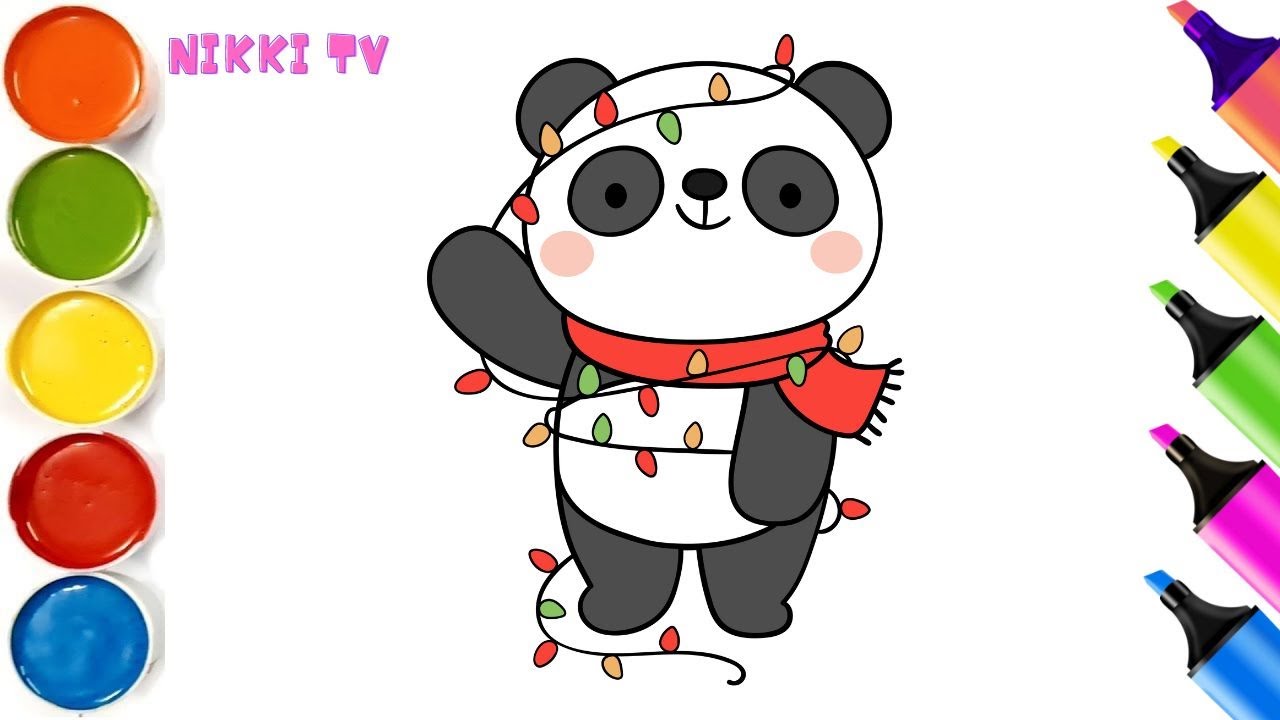 Cute Panda with Christmas Lights Drawing, Coloring and Painting For ...