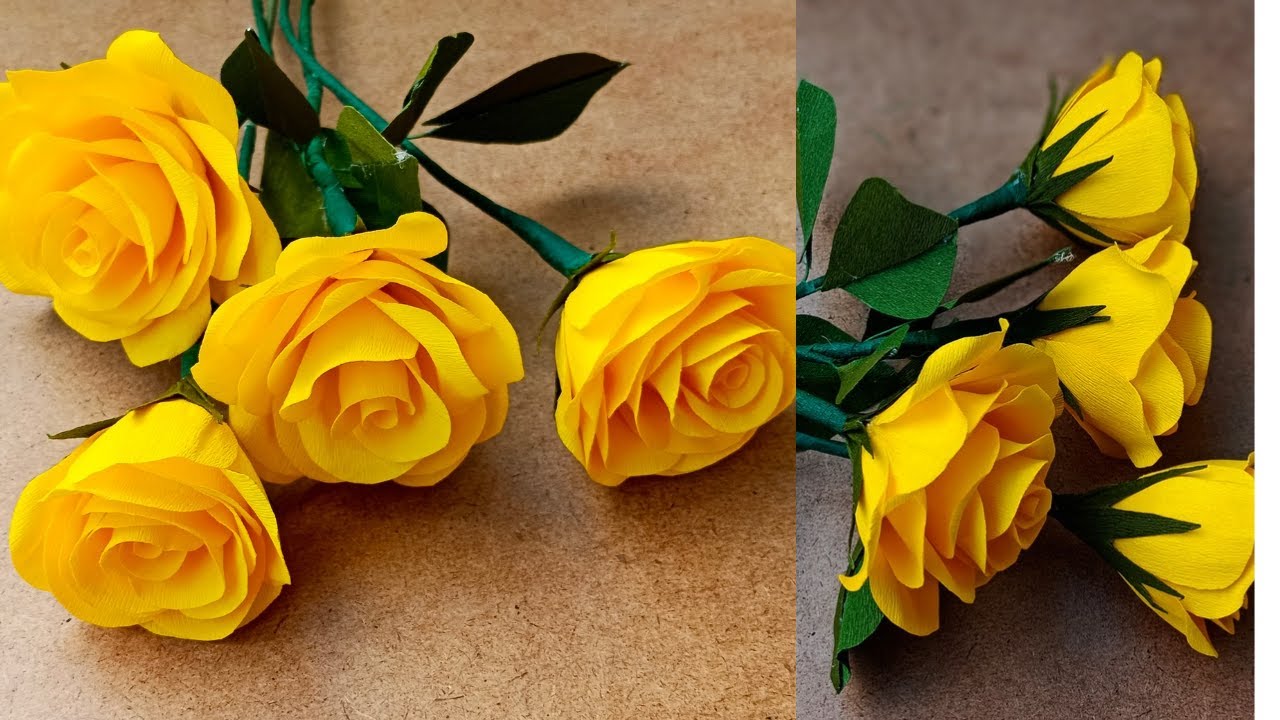 How to Make Crepe Paper Roses || Yellow Crepe Roses Making || Realistic ...