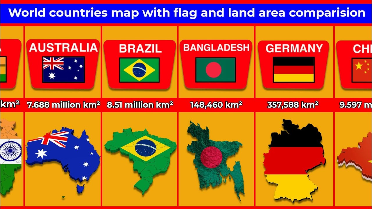 World countries Flags, Map and Land Area comparison - YouTube
