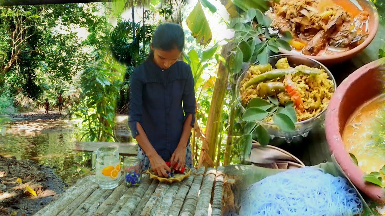 Three curries with blue and red string hoppers(Butterfly pea flower and ...