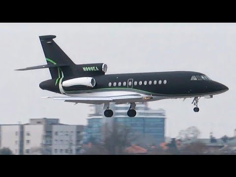 Epic Matte Black Private Jet 1992 Dassault Falcon 900 Landing and ...