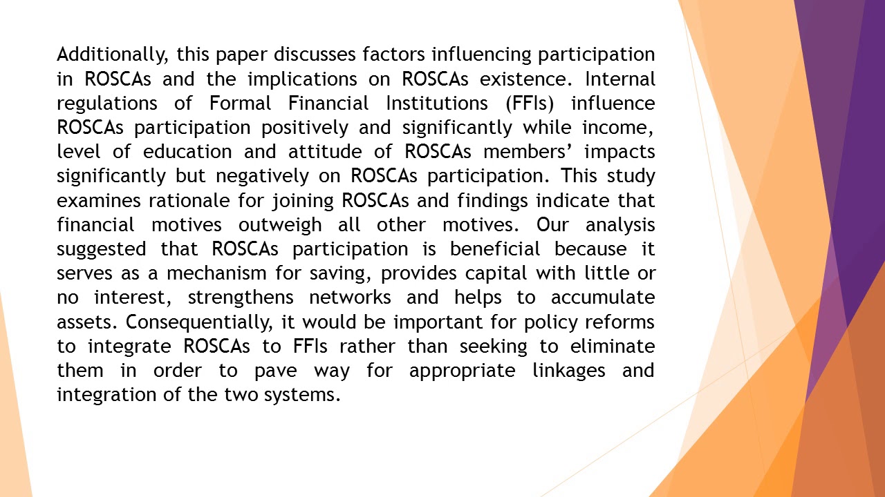 Rotating and Savings Credit Association ROSCAs A Veritable Tool for ...