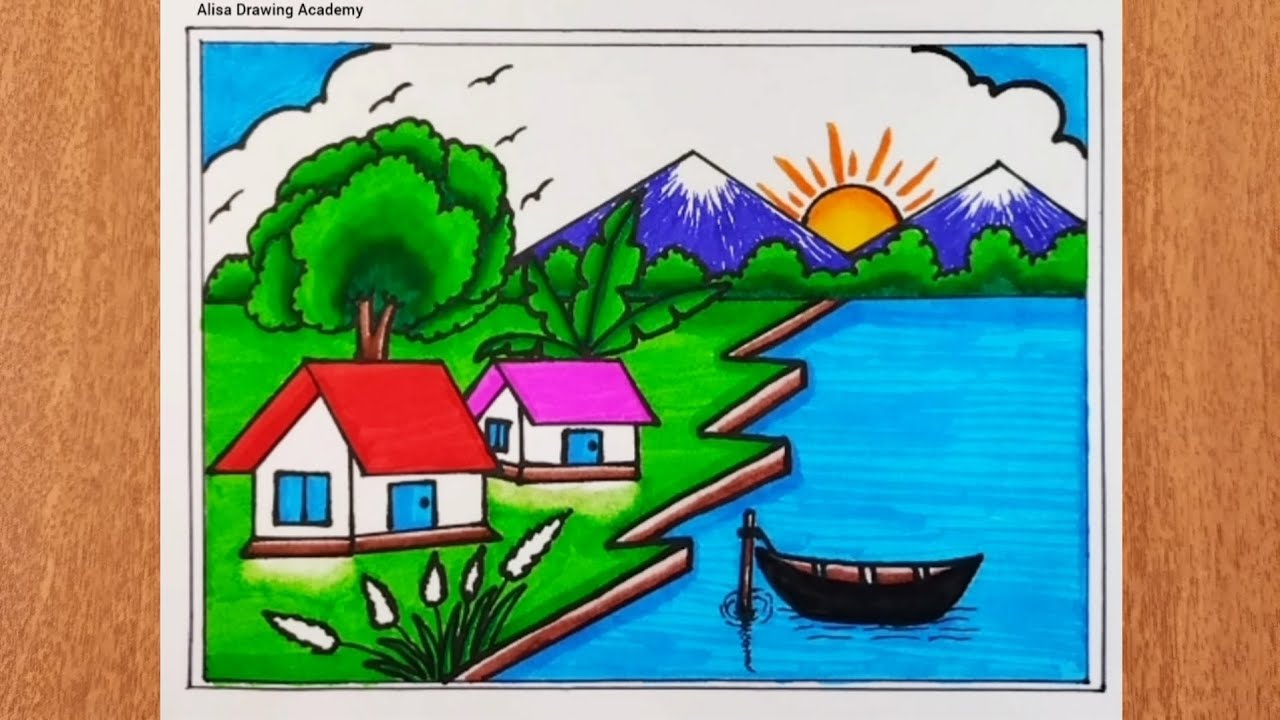 Very very easy village scenery drawing 🌳🏠 Learn to draw scenes with ...