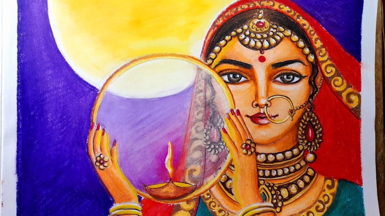 Part 1,Karwa chauth drawing, Easy drawing with oil pastel, Karwa chauth ...