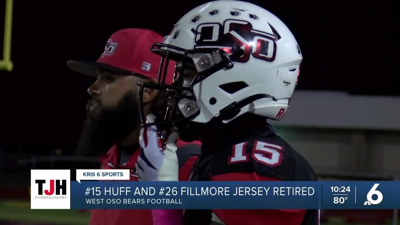 West Oso football retires No. 15 Huff and No. 26 Fillmore jersey - YouTube