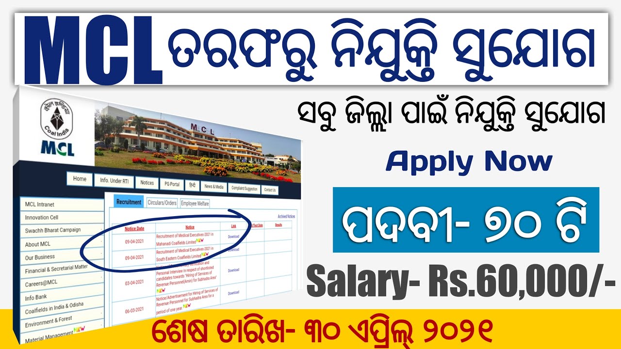 Odisha MCL Recruitment 2021/Post- 70 | Salary-Rs.60,000/- Odisha latest ...