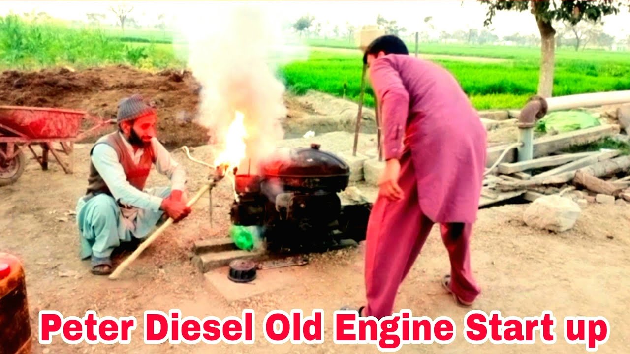 Peter Diesel Old Engine Start up with fire| Agriculture System in Rural ...