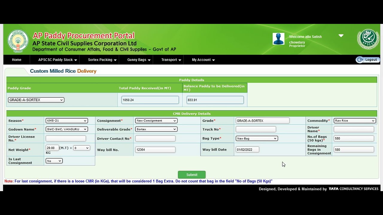 AP Paddy Procurement-Generation of CMR Truck chit in Miller login using ...