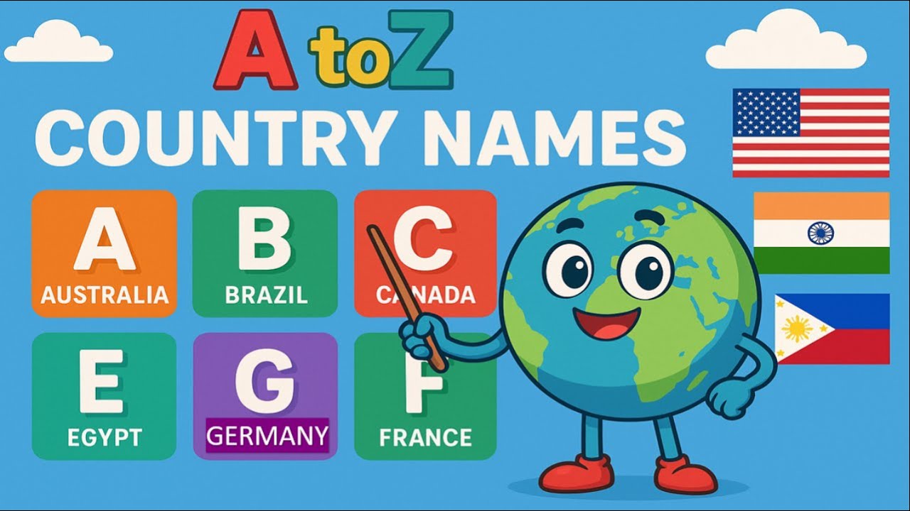 A to Z country names for kids learning | I for india | u for usa | p ...