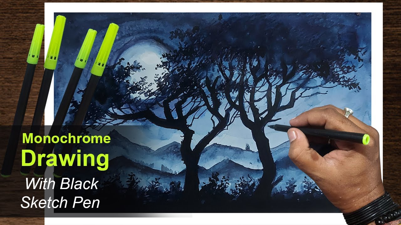 how to draw monochrome painting | drawing with black sketch pen ...
