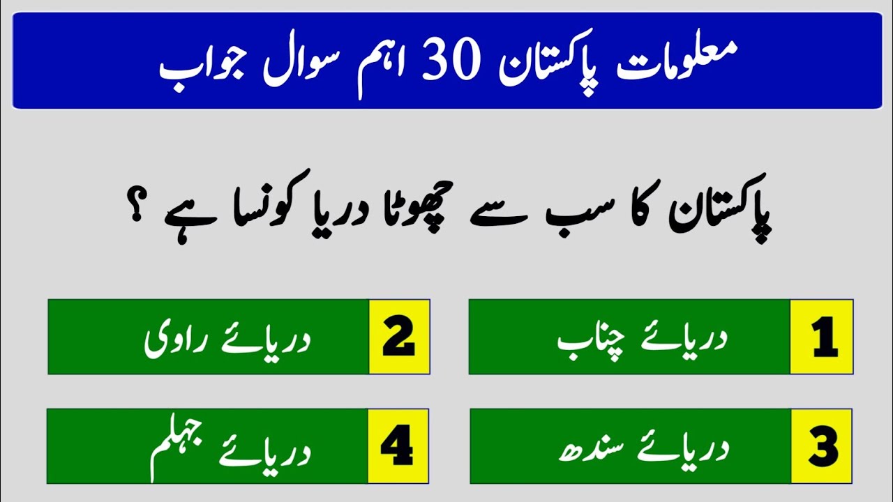 Top 30 Pakistan General Knowledge Questions Answers in Urdu | Pakistan study Mcqs with answers ...