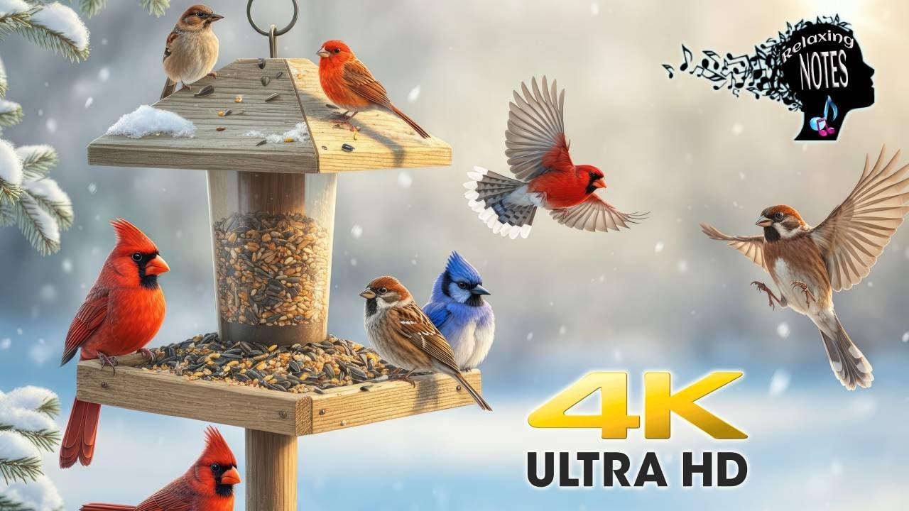 4K Relaxing beautiful small Birds feeding with Serenity ambient natural ...