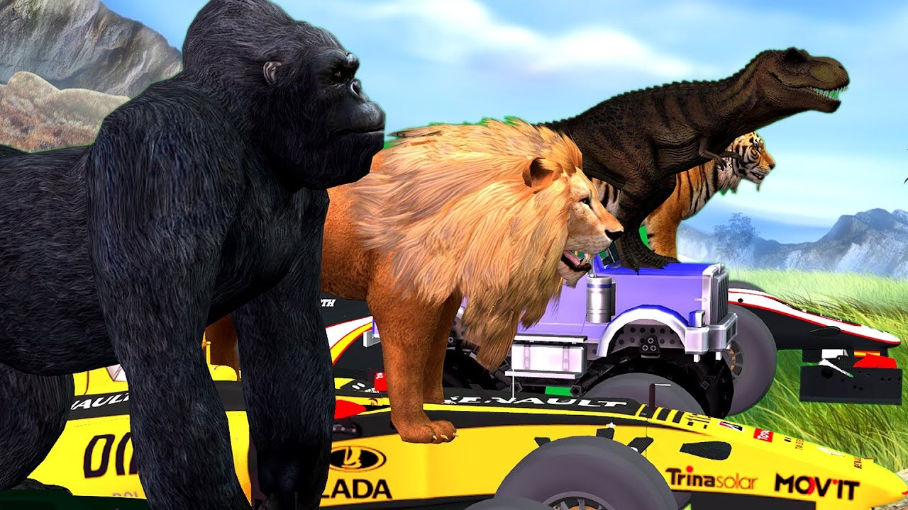 Animals Car Race for Kids | Gorilla Lion Tiger Dinosaur Race to Victory ...