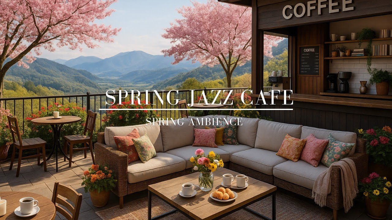 Spring Morning Café Jazz Ambience | Cozy Patio, Mountain Views ...