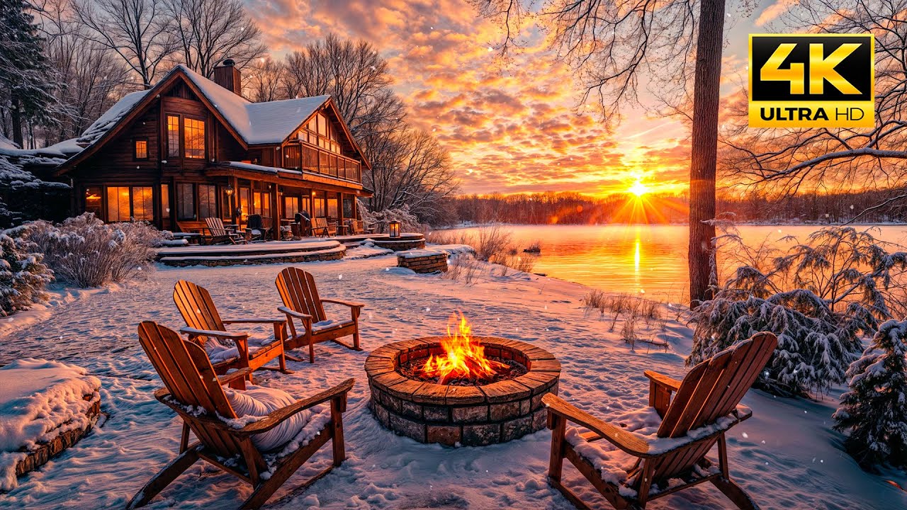 4K Enchanting Winter Sunset Cottage: Snowfall Serenity, Cozy Fire ...