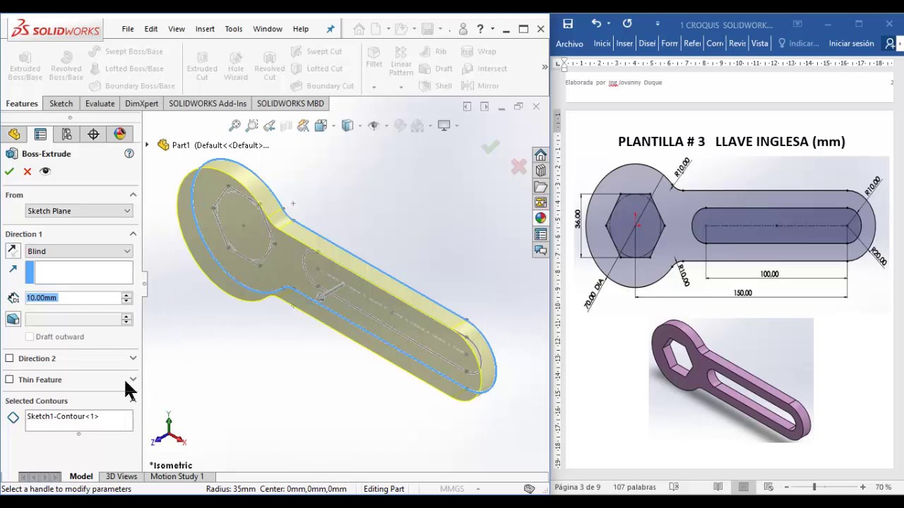 DIBUJO CROQUIZ SOLIDWORKS LLAVE INGLESA - YouTube