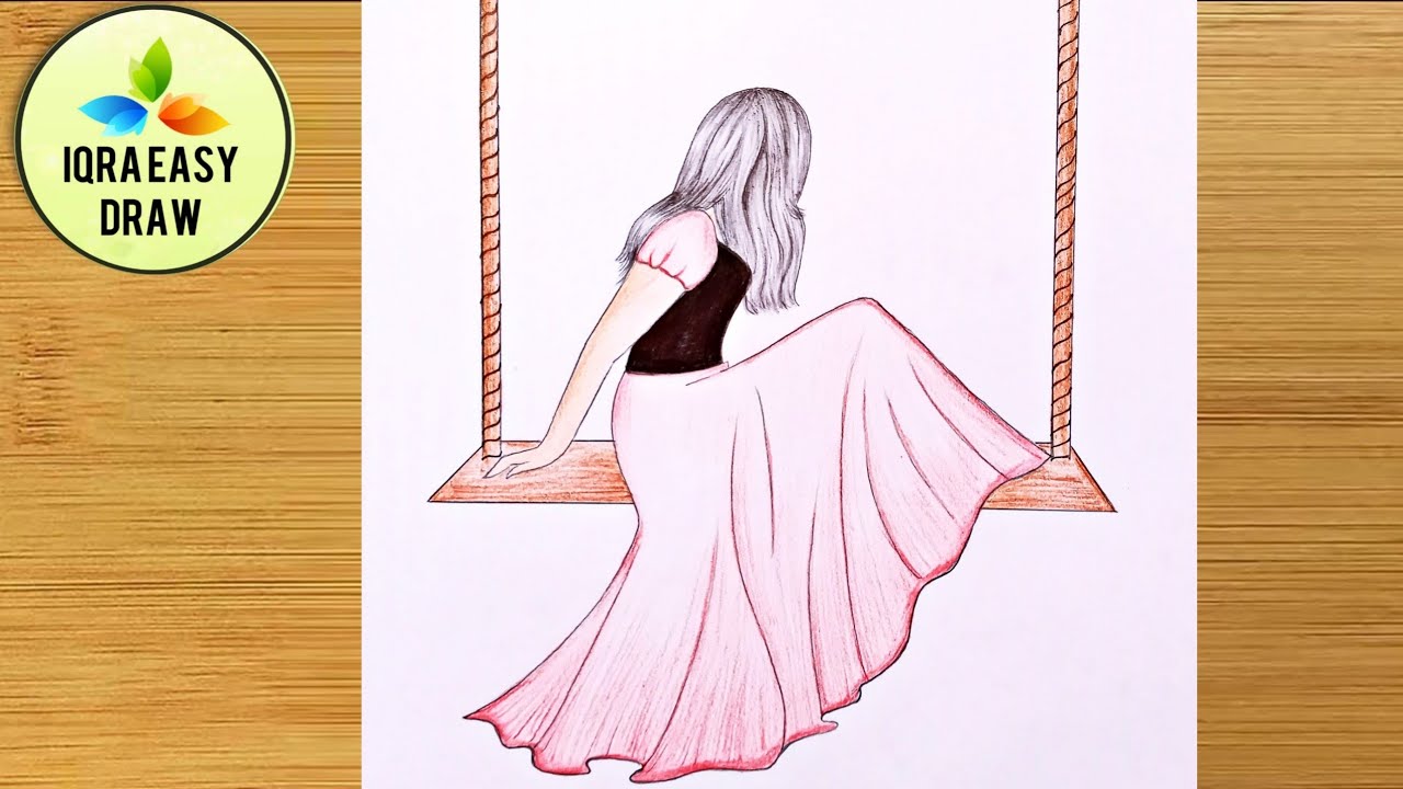 How to Draw A Girl sitting on a swing | alone girl swinging Sketch ...