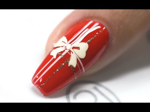 CHRISTMAS NAILS RED WHITE RIBBON DESIGN - NAILS 21 - YouTube