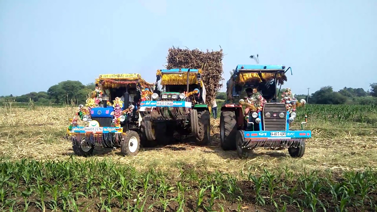 Sugar cane trailer pulling 3 tractors MASSEY FERGUSON L&T AND NEW ...