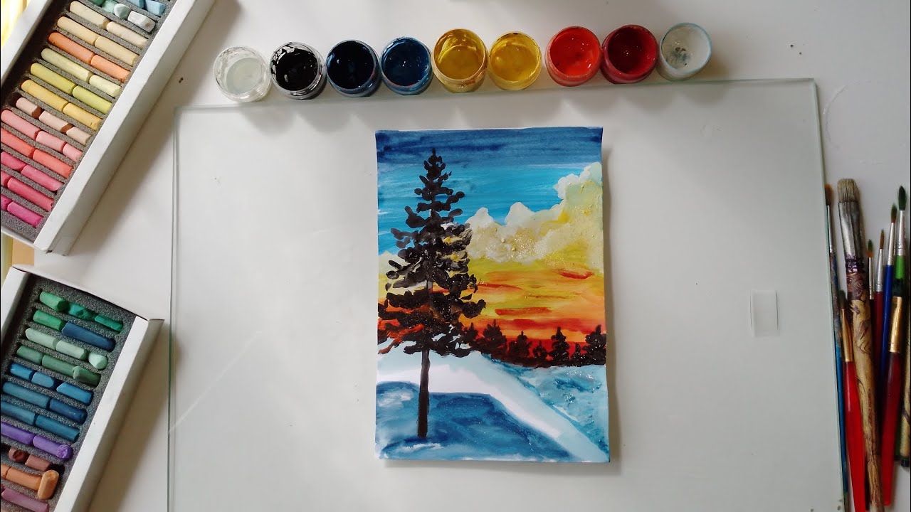 Як легко намалювати зимовий пейзаж гуашшю 🎄Как легко нарисовать зимний