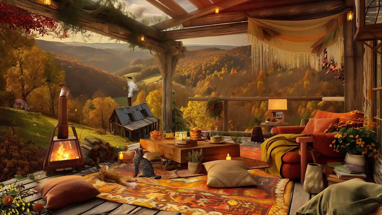 Autumn Cozy Ambience on Terrace w/ Campfire,Falling Leaves Hill and ...