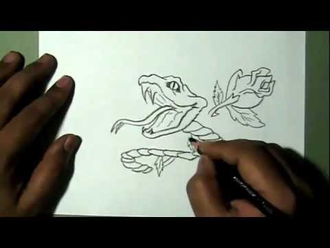 How to Draw Snake with big fangs and rose flower | YZArts | YZArts ...