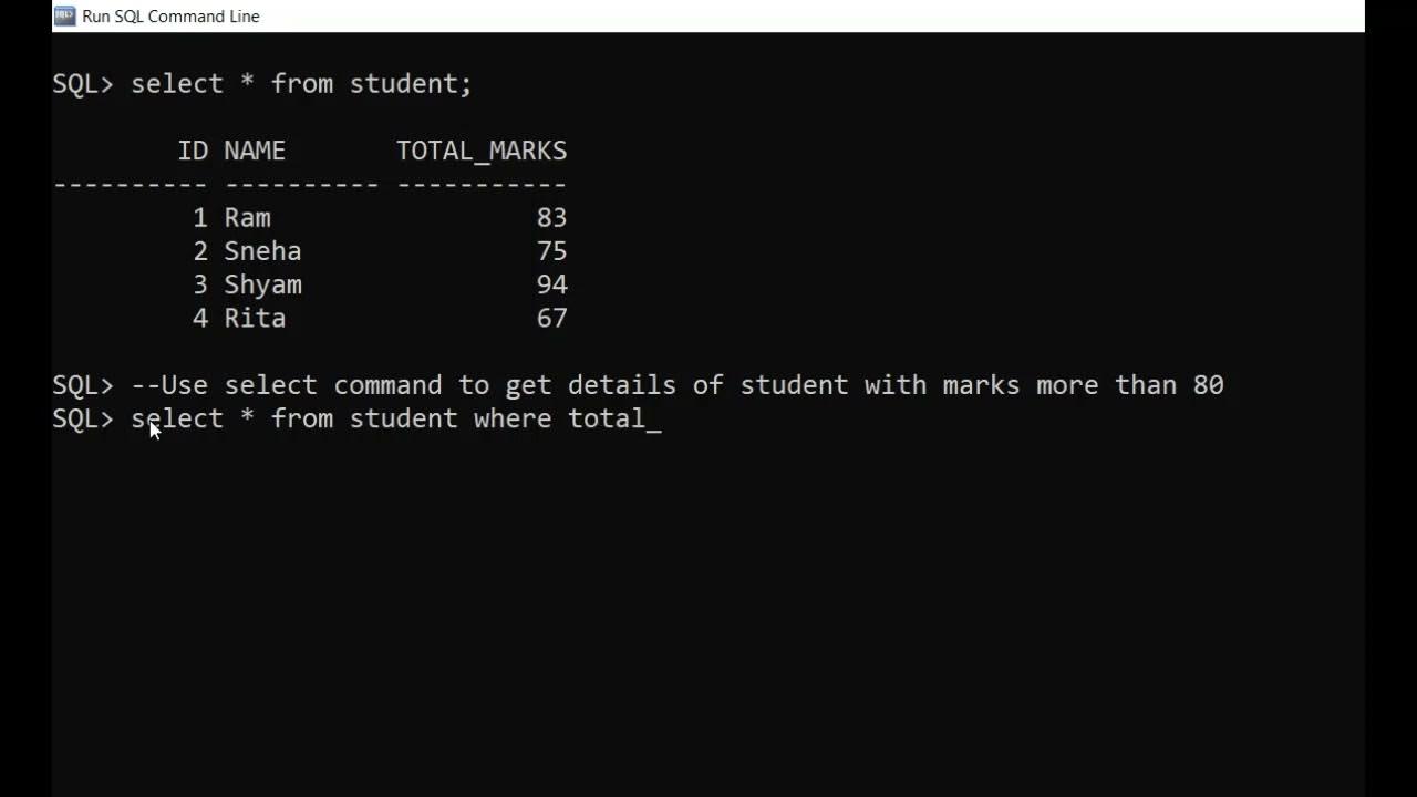 SQL Command to get details of students who got marks greater than 80 - YouTube